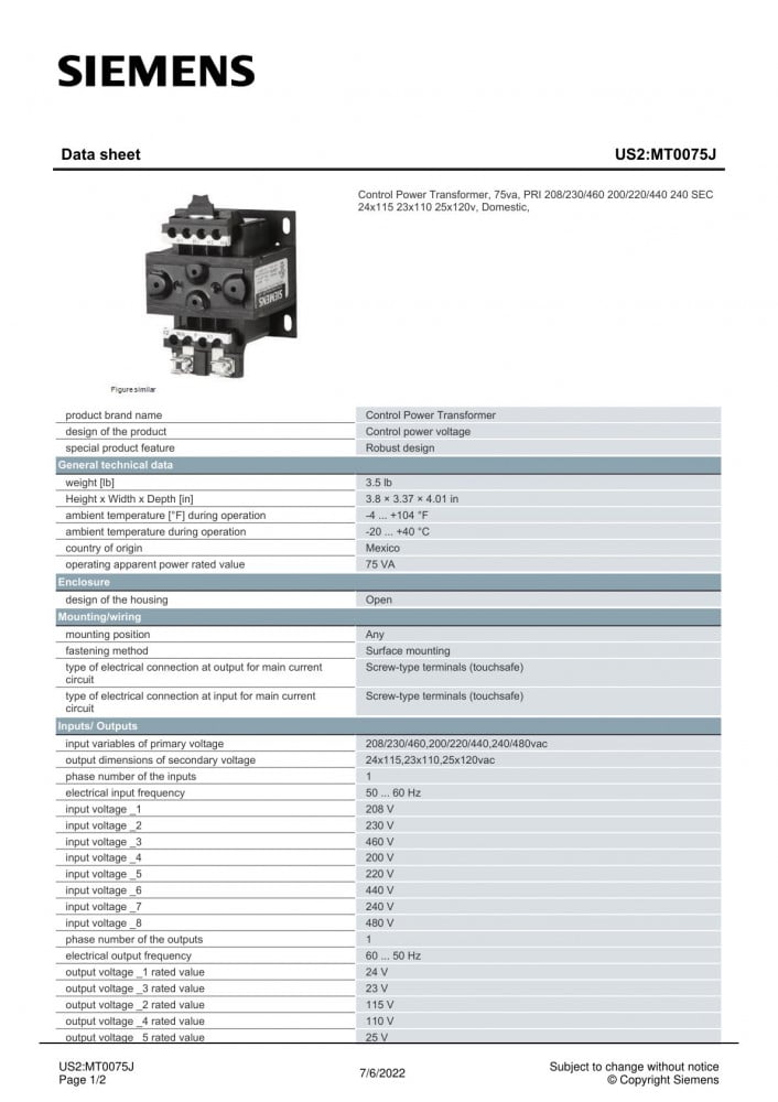 SIEMENS MT0075J datasheet page 1