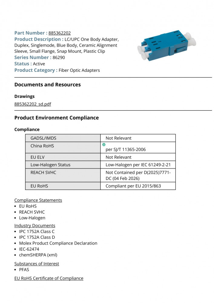 MOLEX 885362202 product drawing, page 1