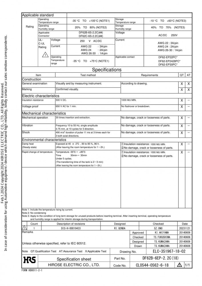 HRS DF62B-6EP-2.2C(18) specification sheet preview