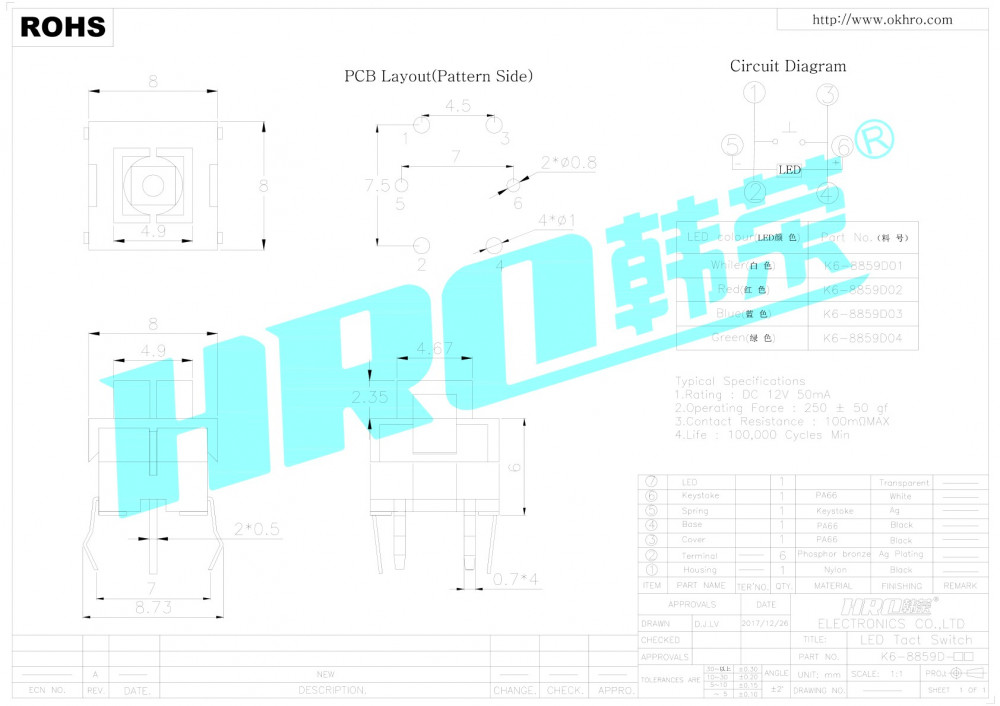 K6-8859D-04 LED tact switch technical drawing
