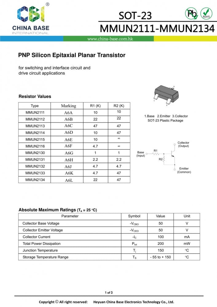 MMUN2114 datasheet page 1