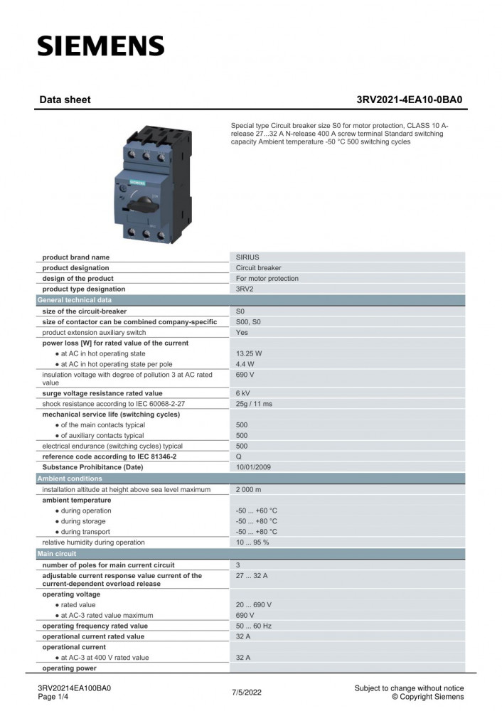 SIEMENS 3RV20214EA100BA0 datasheet page 1