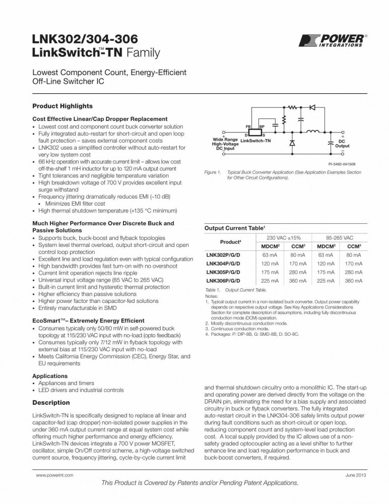 LNK306DG-TL datasheet page 1