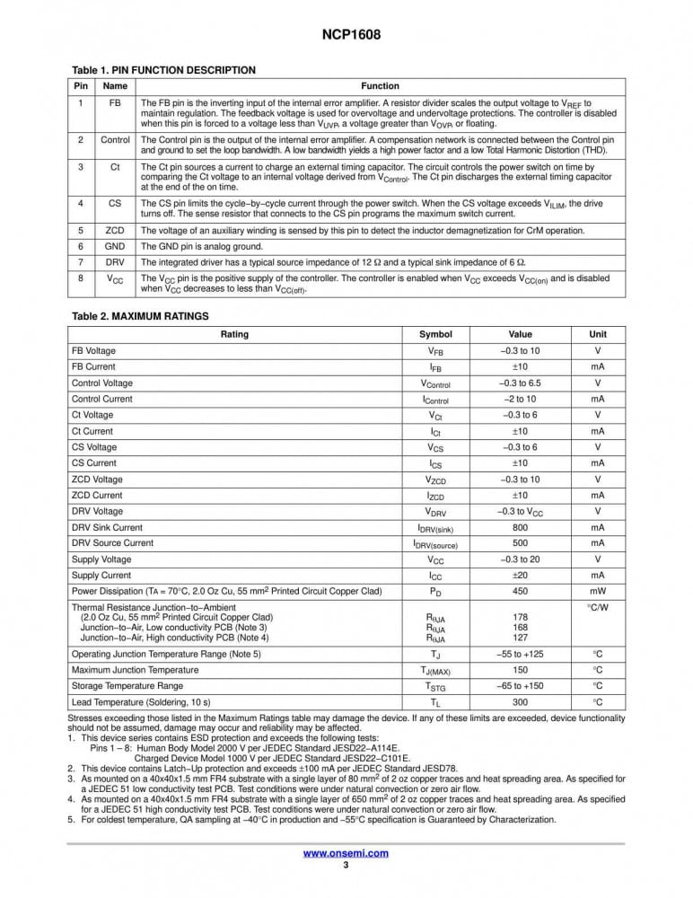 NCP1608 documentation page 3