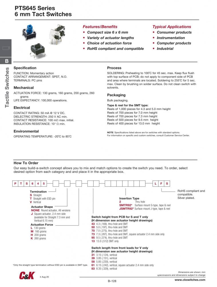 C&K PTS645 series datasheet page 1