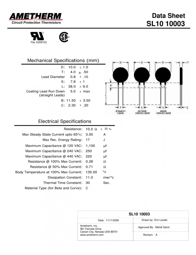 Ametherm SL10 10003-A datasheet visual reference
