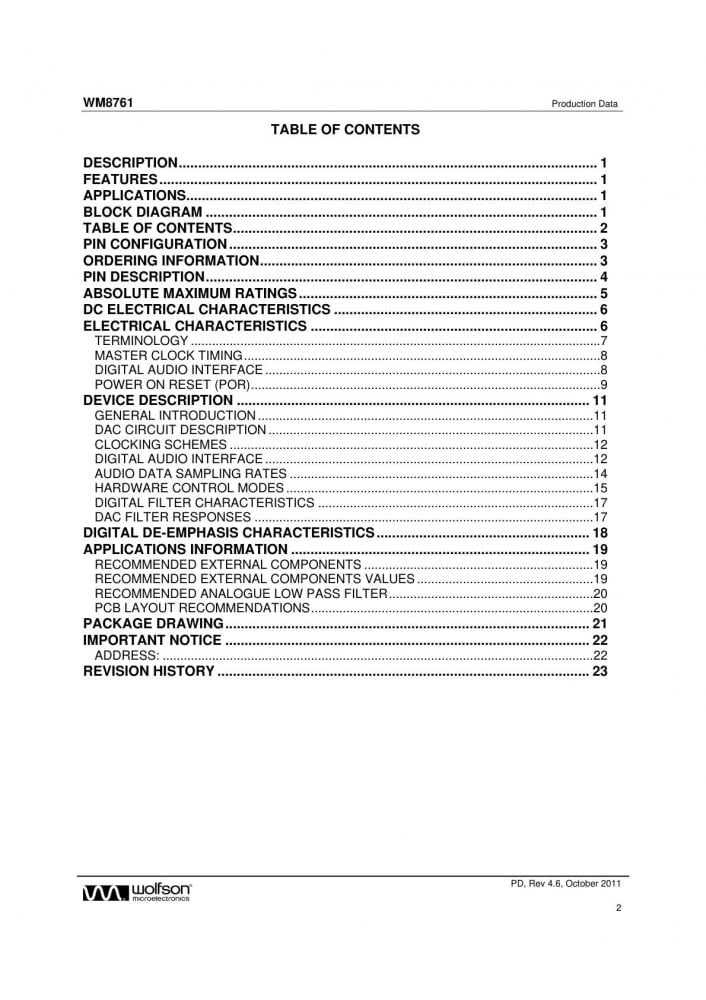 WM8761 datasheet page 2