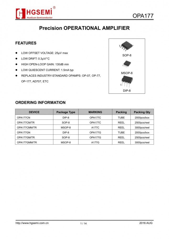 OPA177CN datasheet page 1