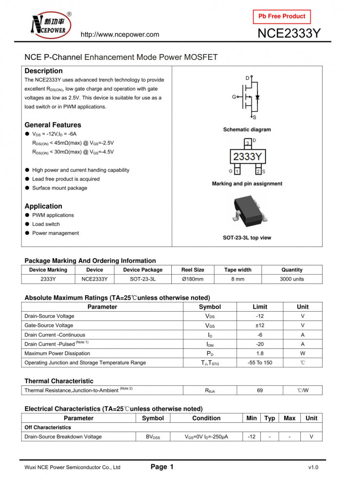 NCE2333Y datasheet page 1