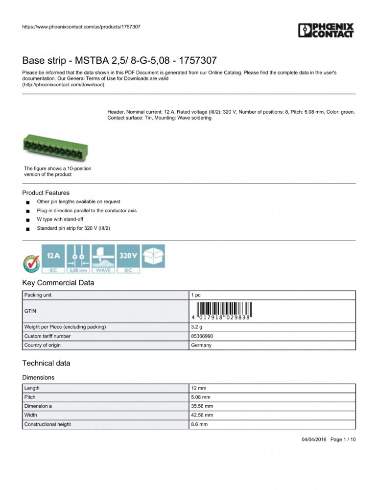 Phoenix Contact 1757307 technical document page 1