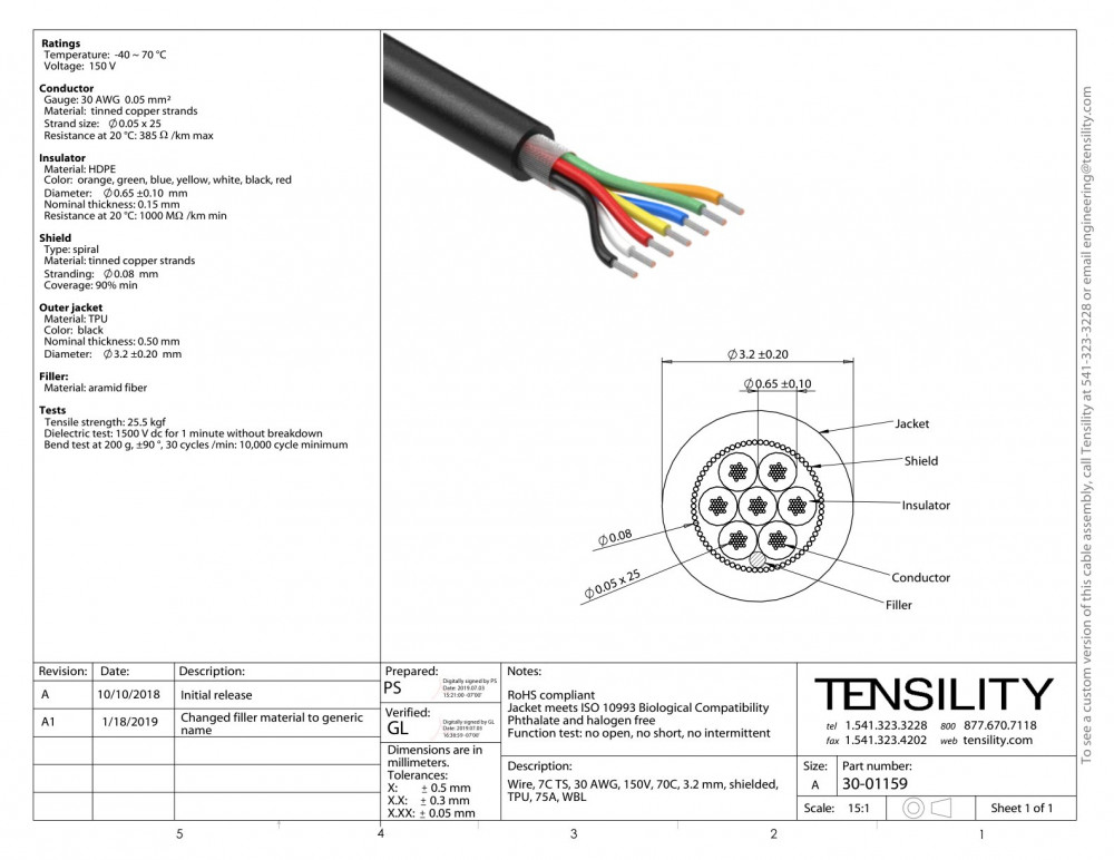Tensility International 30-01159 technical drawing and cable specification