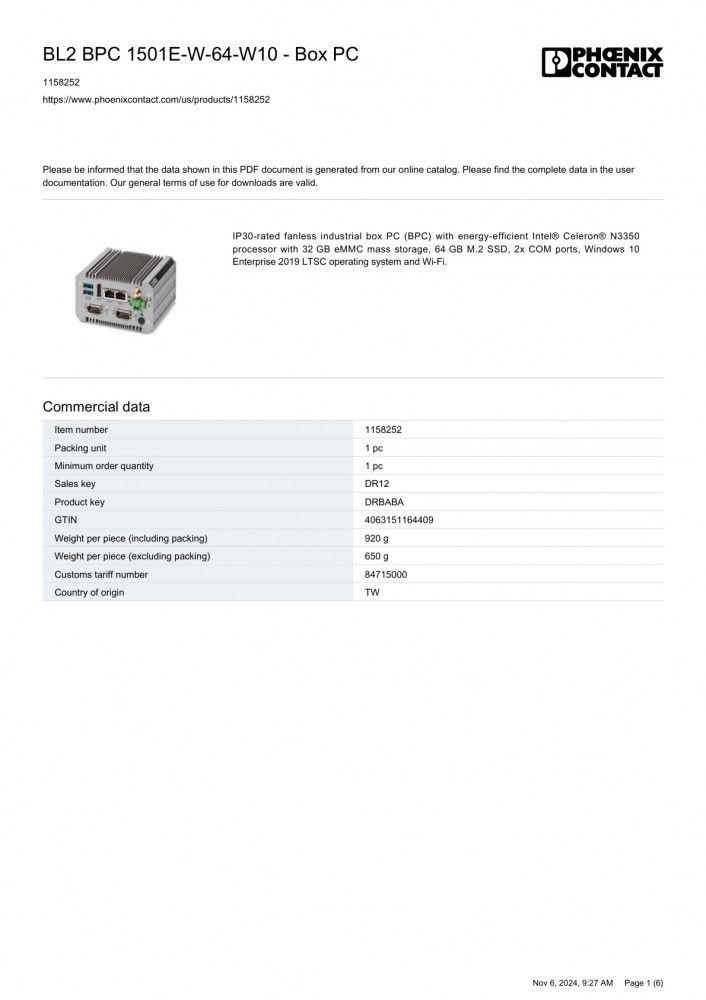 Phoenix Contact 1158252 technical document page 1