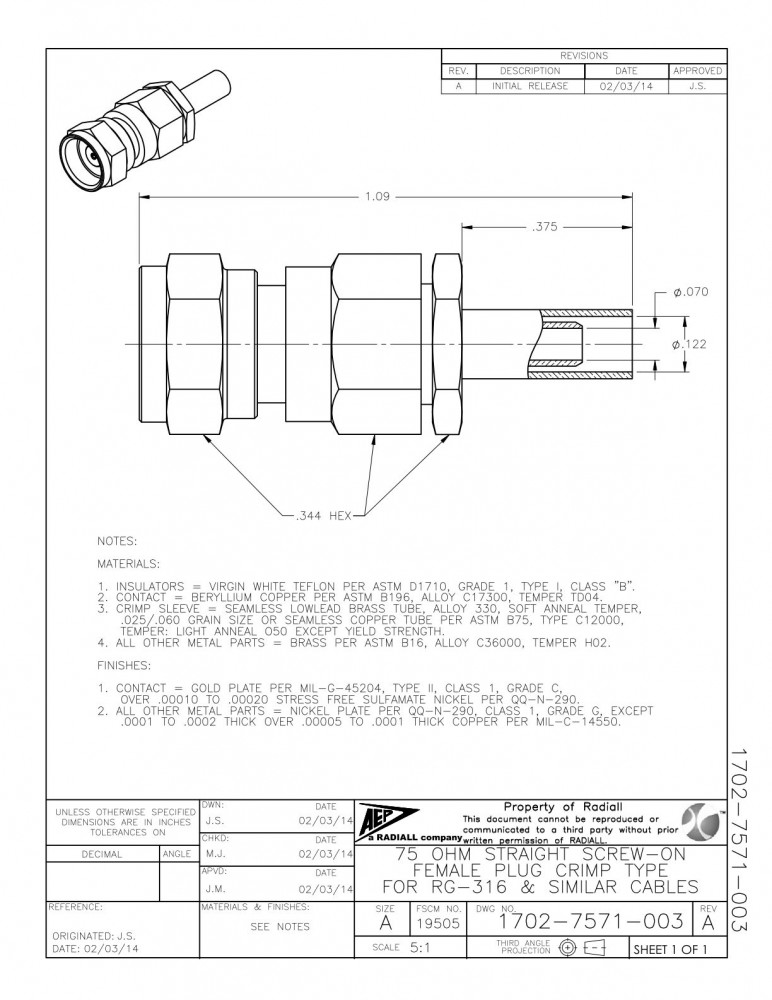 Radiall 1702-7571-003 product drawing