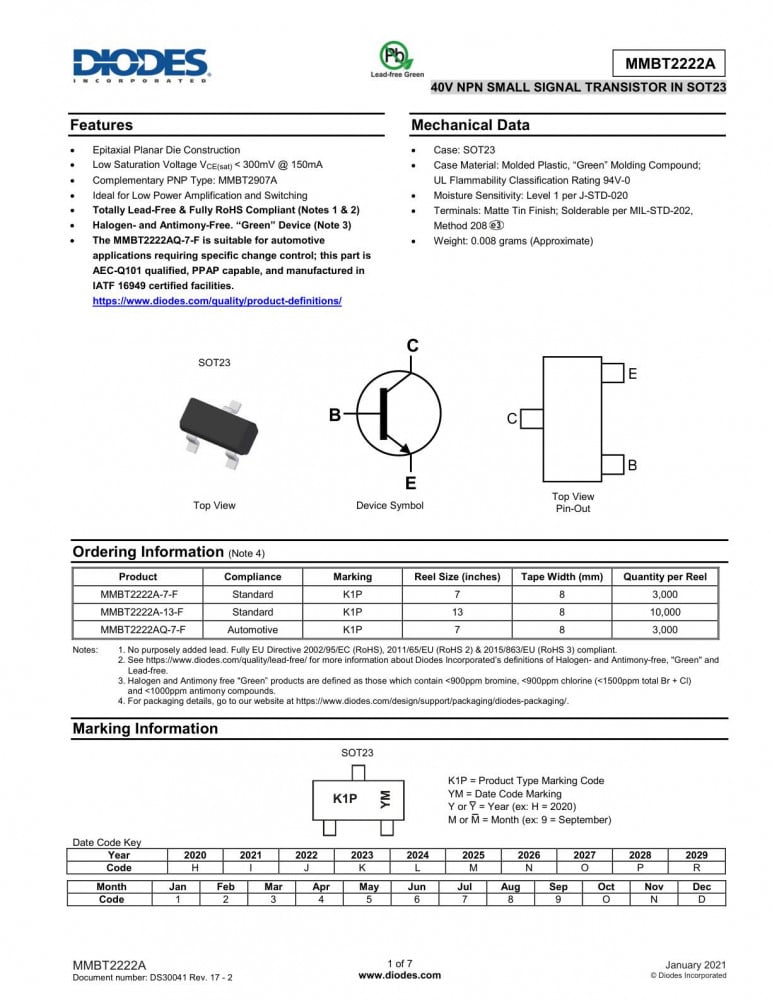 MMBT2222A-7-F datasheet page 1