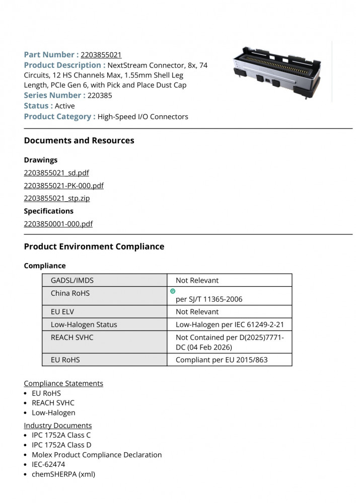 MOLEX 2203855021 product documentation visual 1