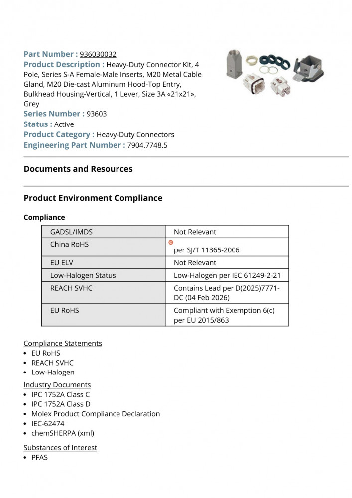 MOLEX 936030032 technical document page 1