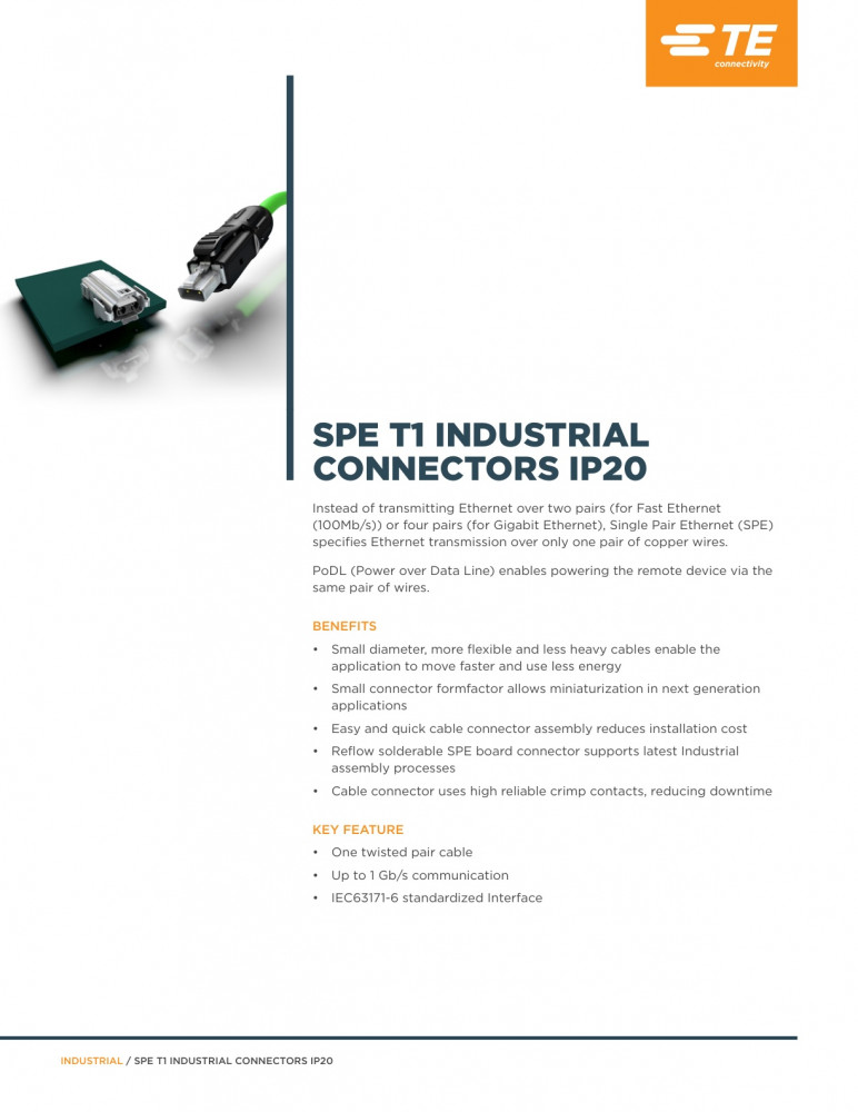 TE Connectivity SPE T1 Industrial Connectors documentation page 1