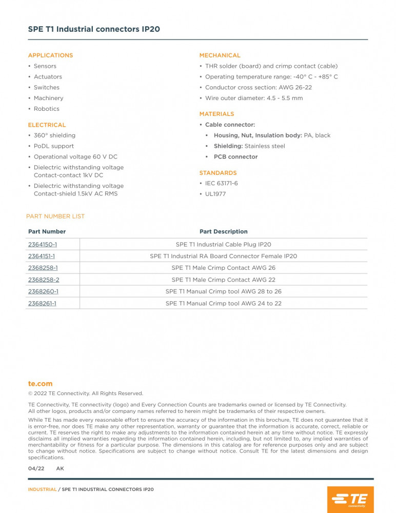 TE Connectivity SPE T1 Industrial Connectors documentation page 2