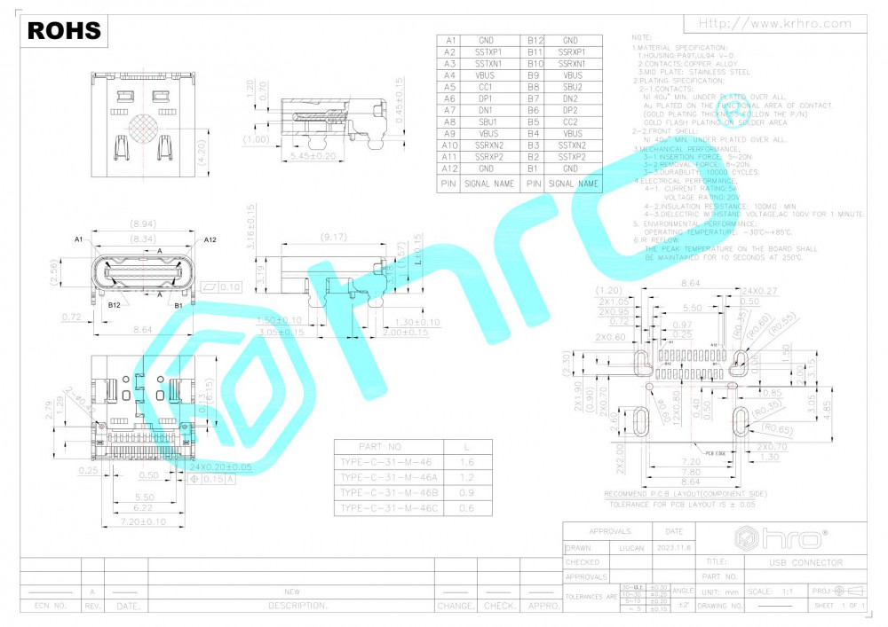 TYPE-C-31-M-46 USB connector technical drawing