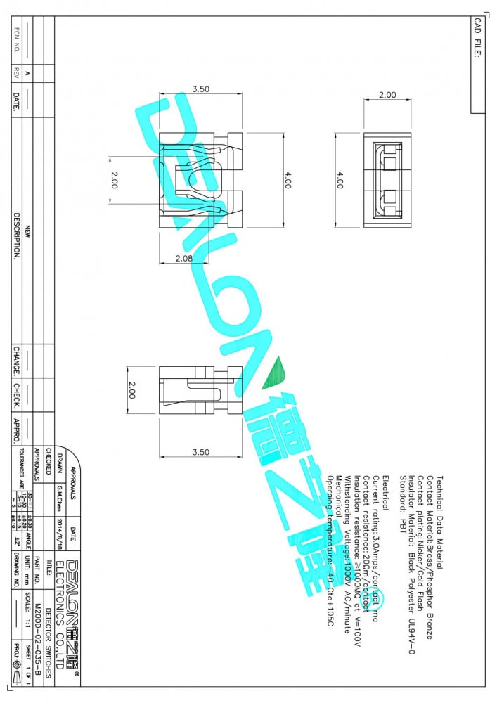 DEALON M200D-02-035-B detector switch technical drawing