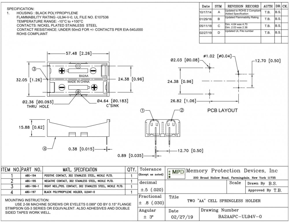 MPD BA2AAPC-UL94V-0 technical drawing preview