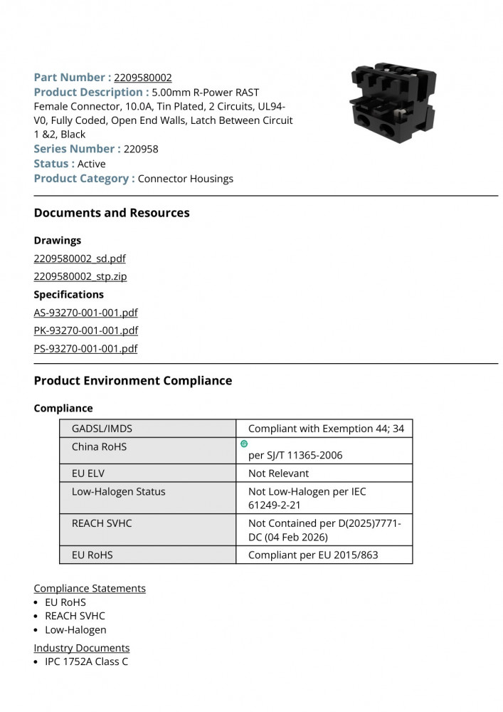 MOLEX 2209580002 technical document page 1