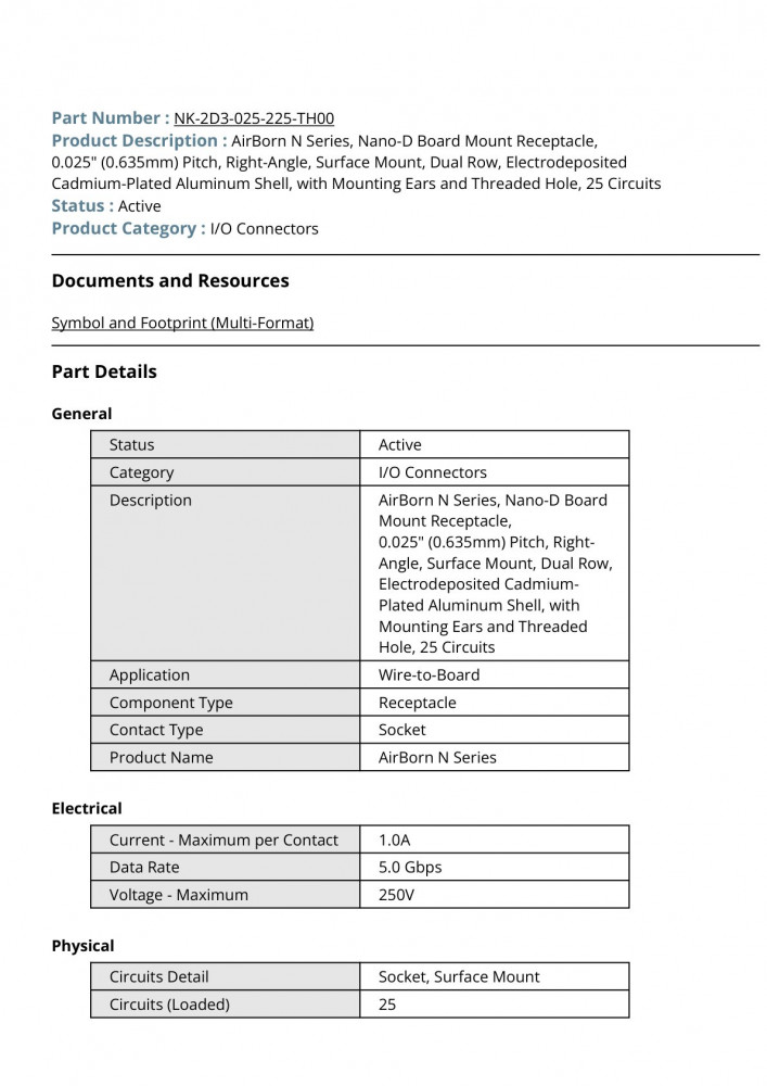 Technical document page 1 for NK-2D3-025-225-TH00