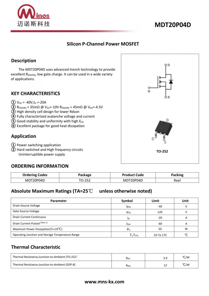 MDT20P04D datasheet page 1
