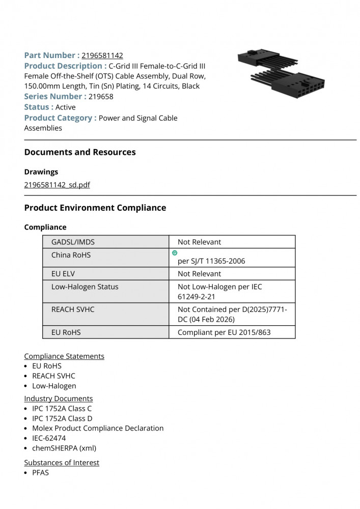 MOLEX 2196581142 product drawing preview, page 1
