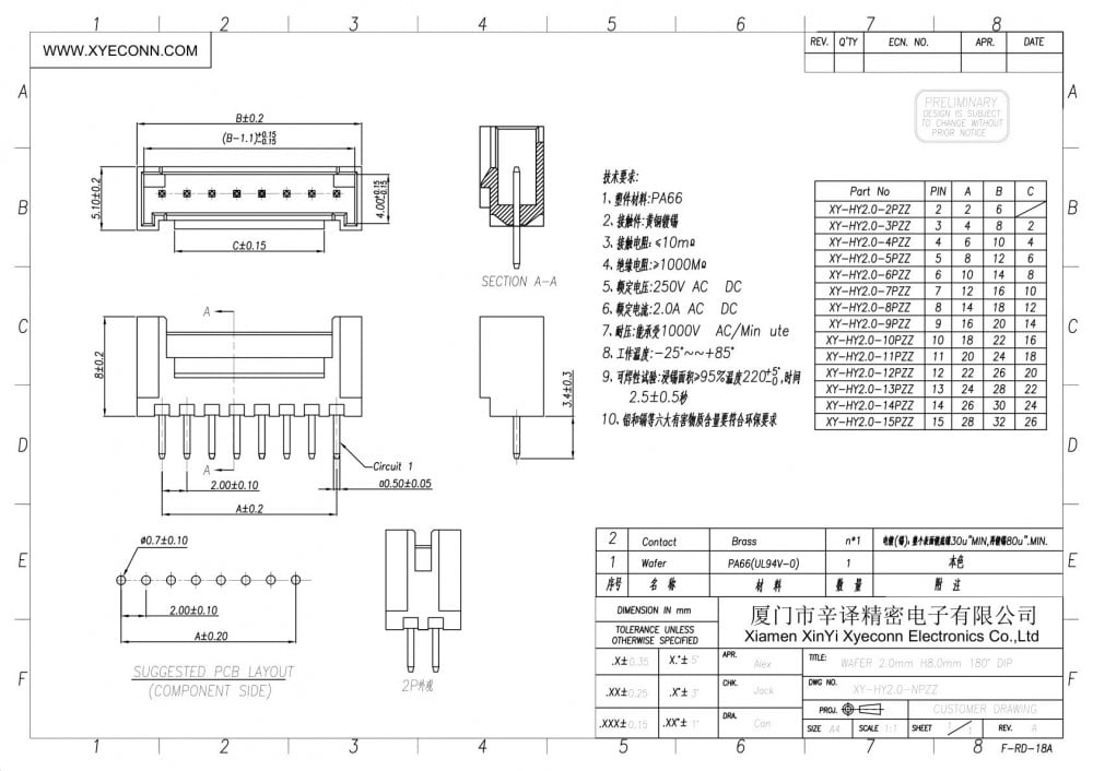 XYECONN connector drawing for XY-HY2.0 series