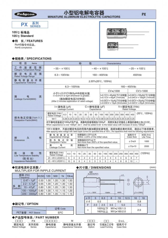 Rubycon PX series datasheet page 1