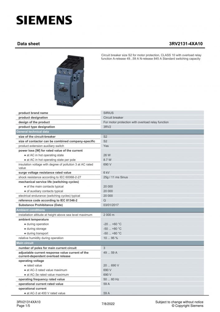 3RV21314XA10 datasheet page 1