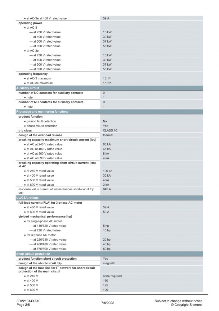 3RV21314XA10 datasheet page 2