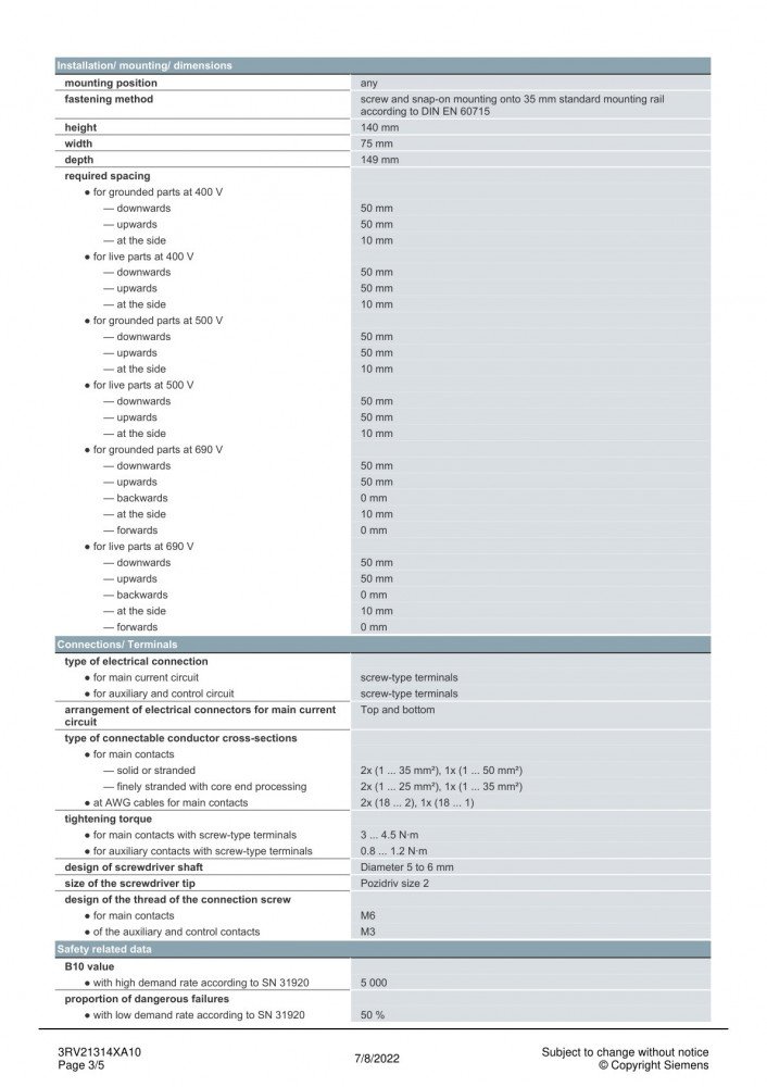 3RV21314XA10 datasheet page 3