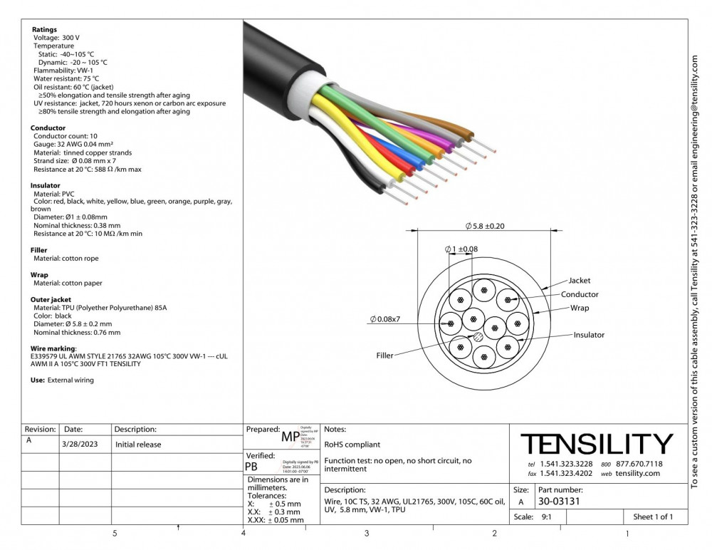 30-03131 product drawing and cable specification sheet
