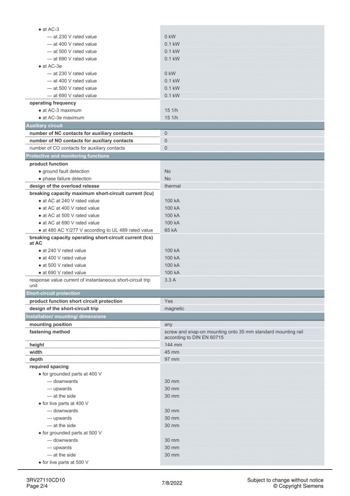 3RV27110CD10 technical document page 2