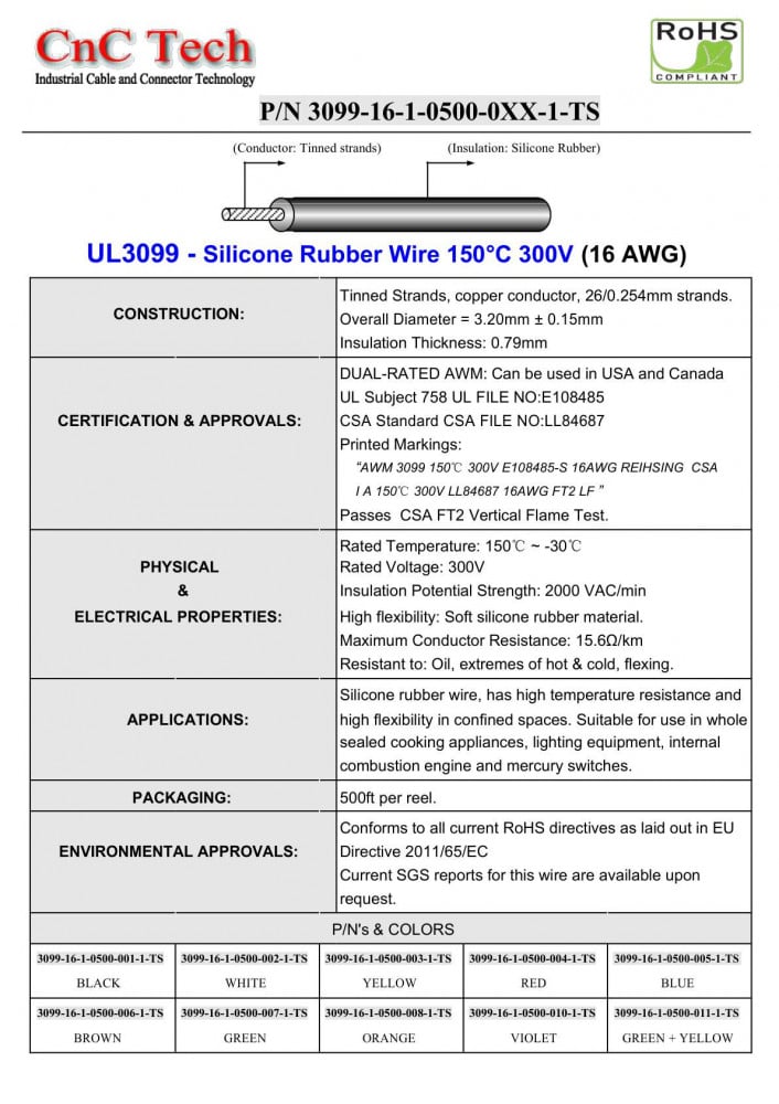 CNC Tech UL3099 silicone rubber wire technical document