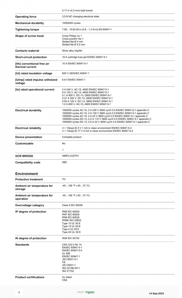 XB5FL4322 technical document page 2