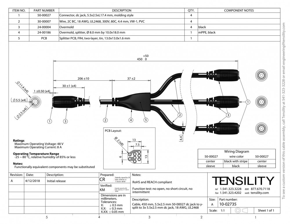 Tensility International 10-02735 product drawing and cable assembly details