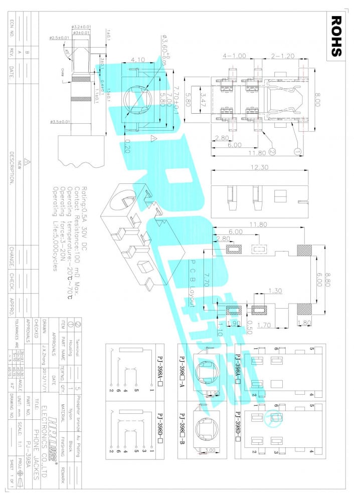 Korean Hroparts Elec PJ-398A technical drawing