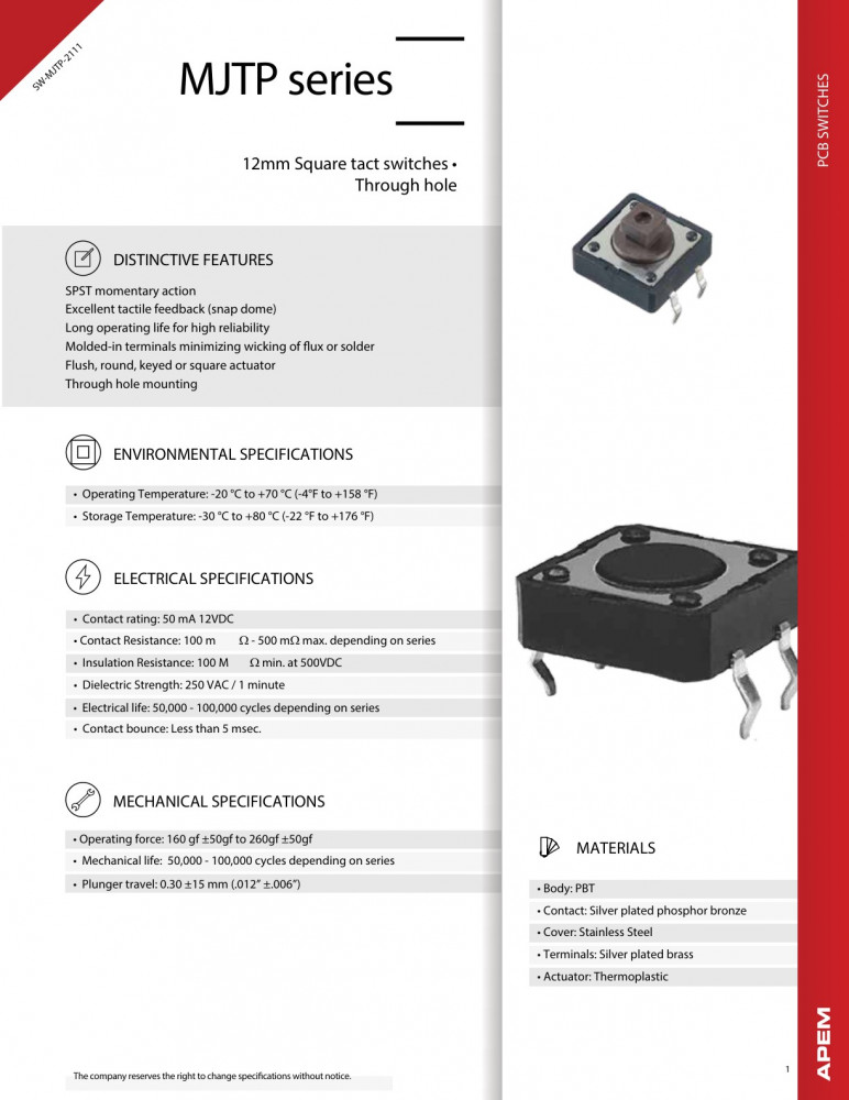 APEM MJTP datasheet page 1