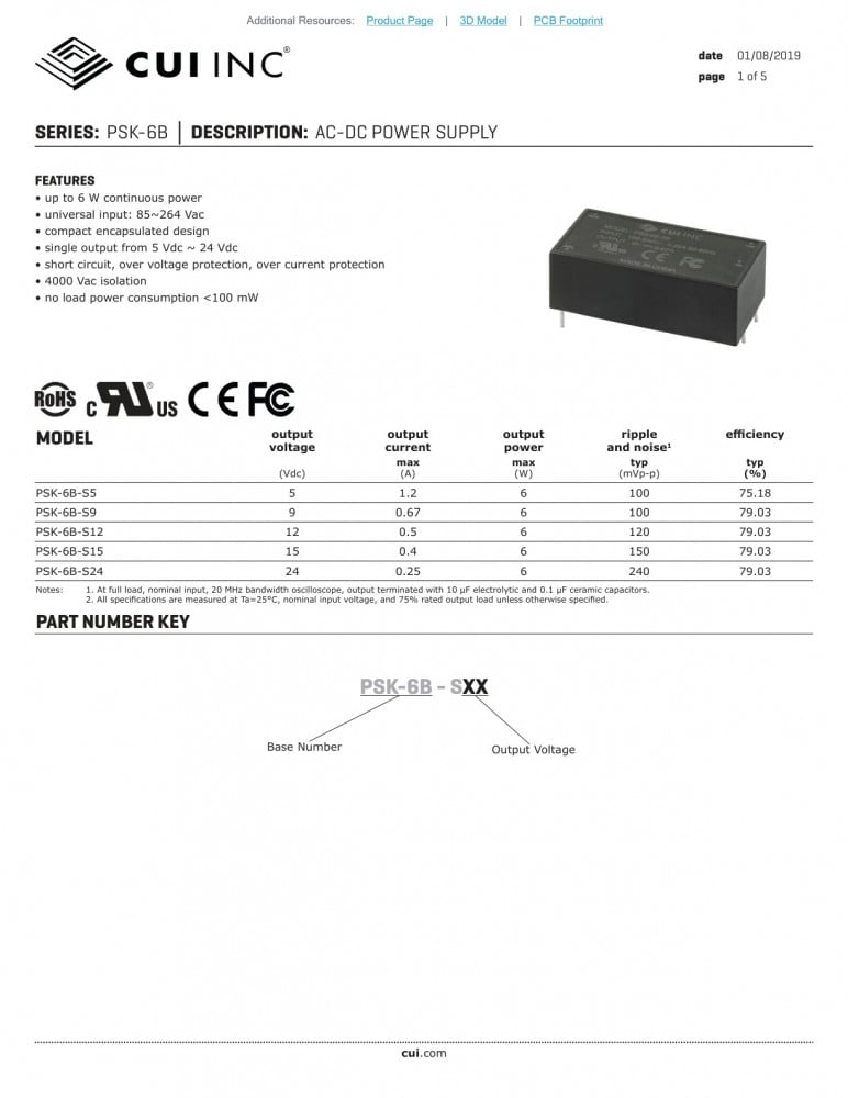 CUI PSK-6B datasheet page 1