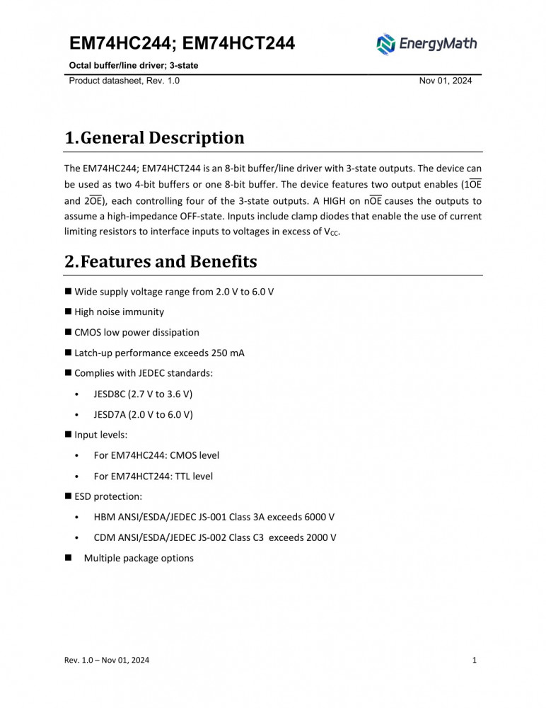 EM74HC244D datasheet page 1