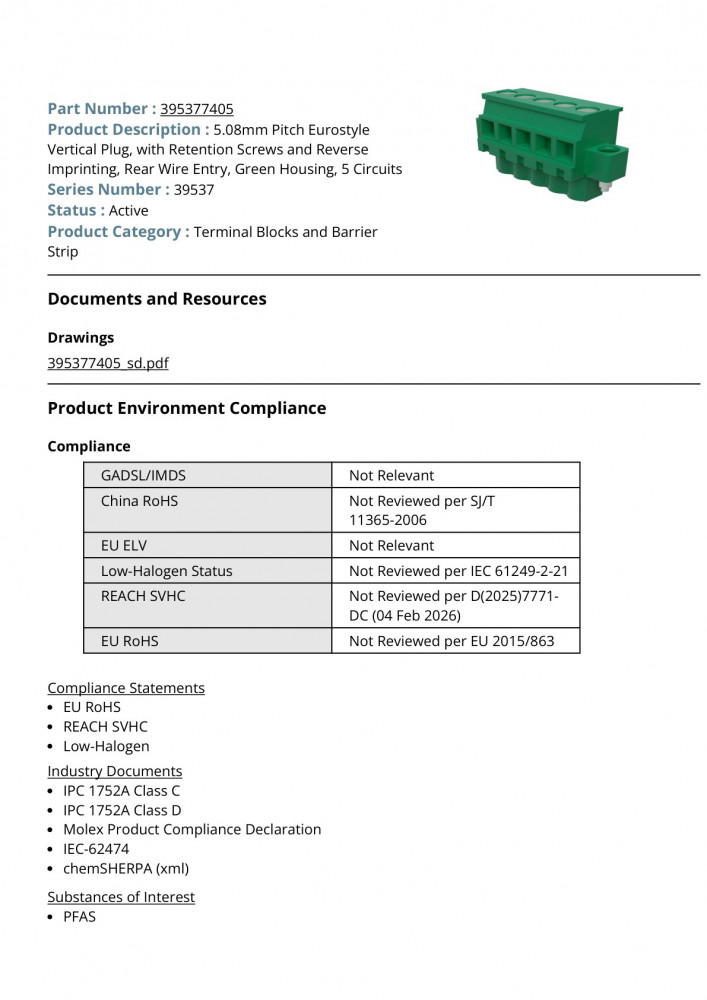 Molex technical drawing, page 1