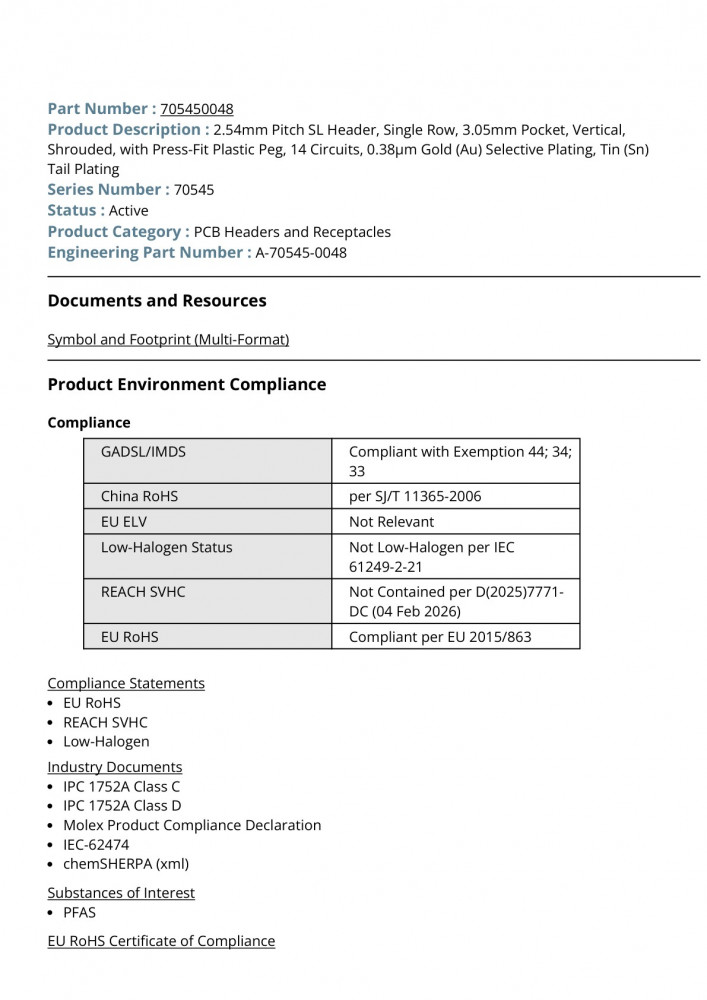 MOLEX 705450048 product document image, page 1