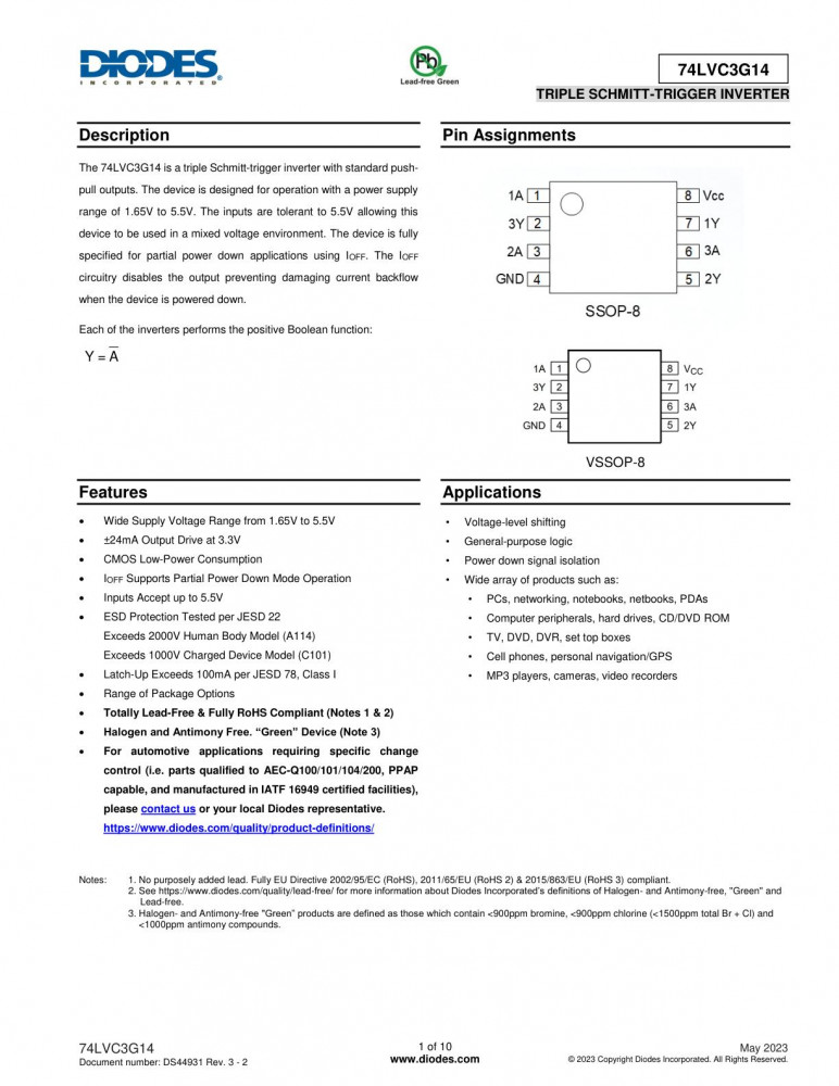 74LVC3G14V8-7 datasheet page 1