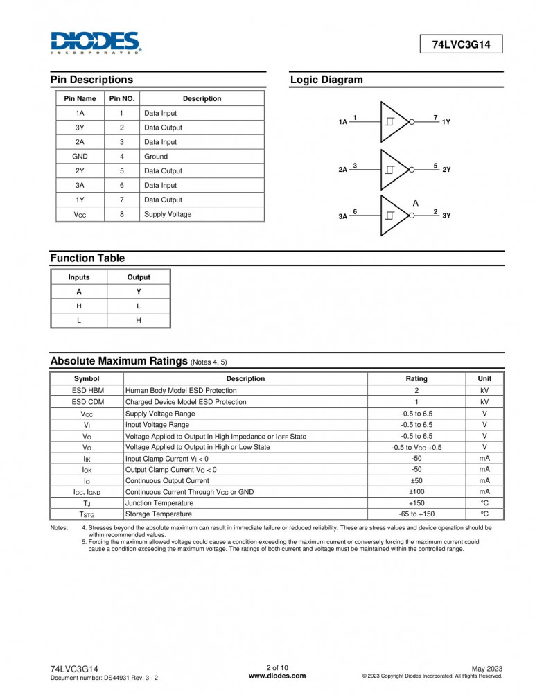 74LVC3G14V8-7 datasheet page 2