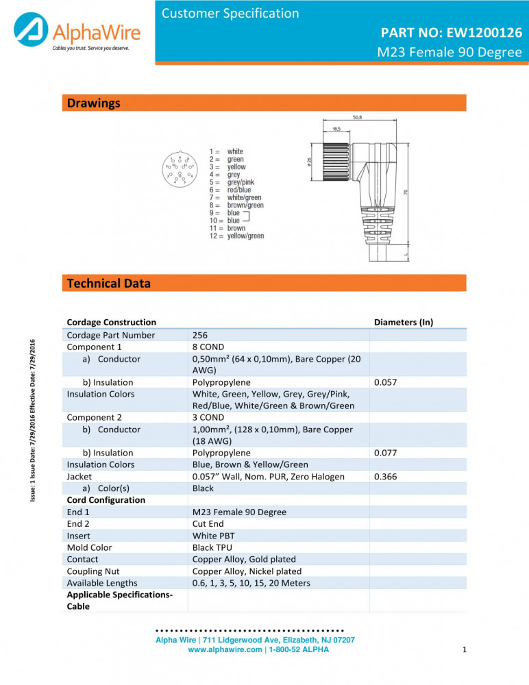 Alpha Wire EW1200126 BK358 technical document page 1