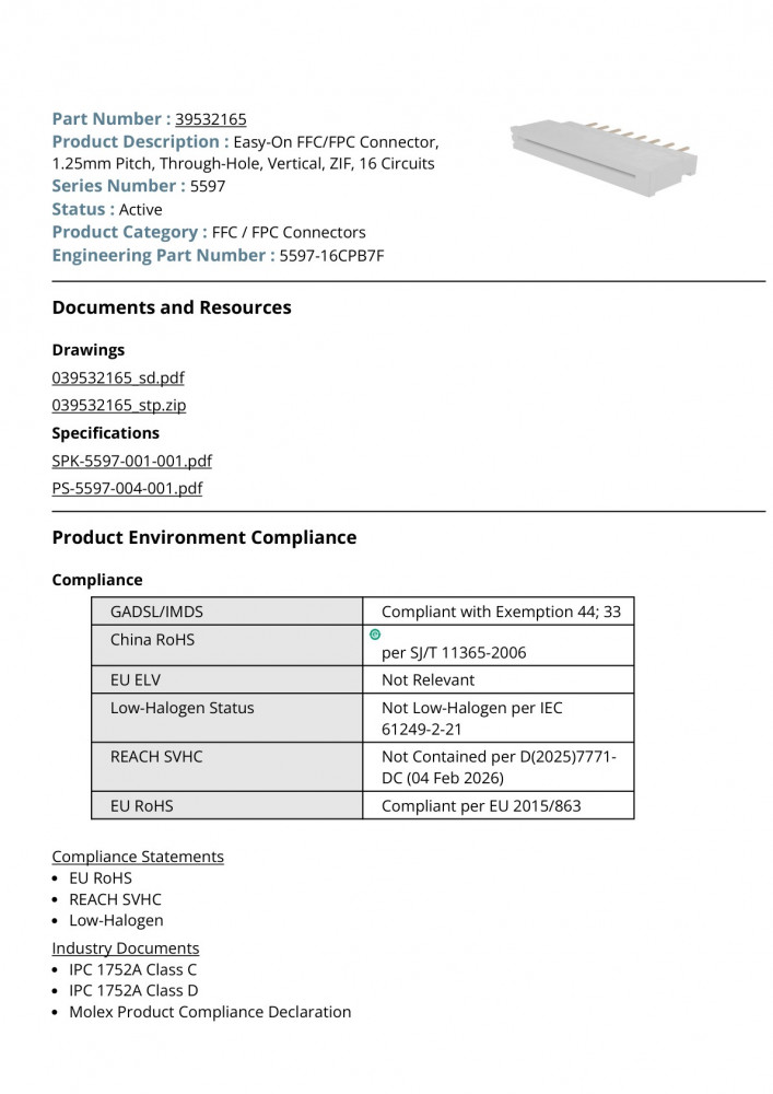 MOLEX 39532165 technical document image, page 1