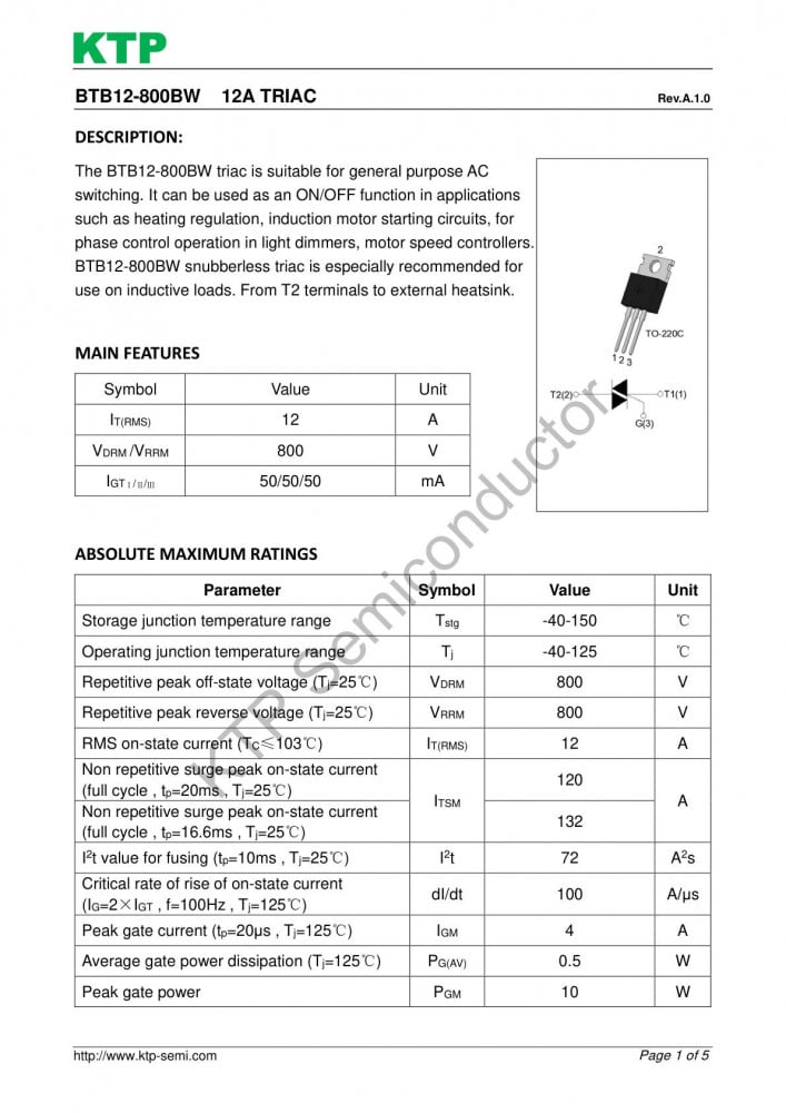 BTB12-800BW datasheet page 1